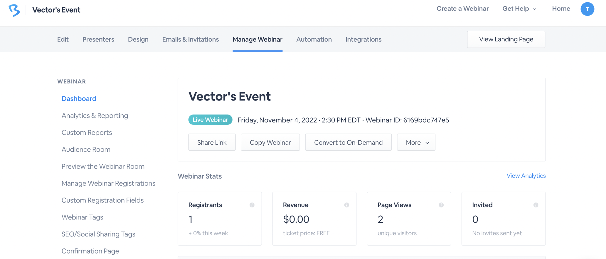 The Webinar Dashboard - Manage Webinar